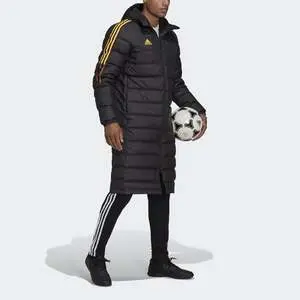 Adidas Mid-length Hooded Down Jacket With Small Logo And Sporty Stripes