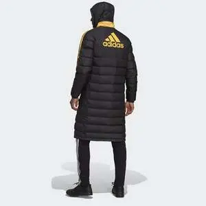 Adidas Mid-length Hooded Down Jacket With Small Logo And Sporty Stripes