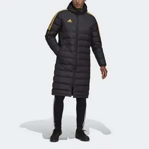 Adidas Mid-length Hooded Down Jacket With Small Logo And Sporty Stripes