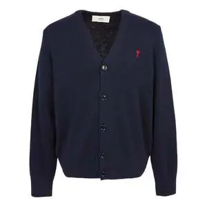 AMI Paris Ribbed V-neck Cardigan With Embroidered Logo - Navy