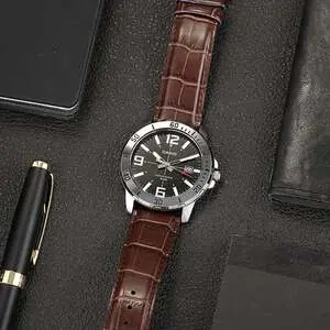 Casio Analog Watch With Leather Band And Water Resistance - Brown