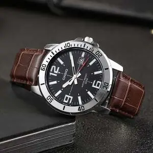 Casio Analog Watch With Leather Band And Water Resistance - Brown