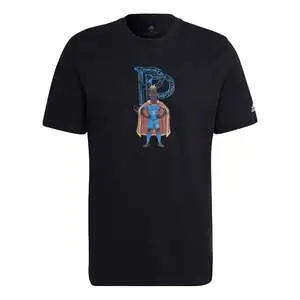 Adidas Chest Character Alphabet Cartoon Printing Round Neck Short Sleeve Black T-shirt - Multi-color