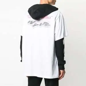 Off-White Layered T-shirt With Hood And Graphic Print