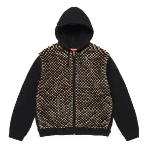 Supreme Checkerboard Faux Fur Zip Up Hooded Sweater - Black