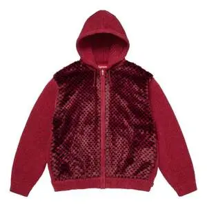 Supreme Checkerboard Faux Fur Zip Up Hooded Sweater - Red