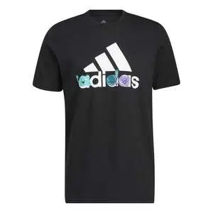 Adidas Logo Cartoon Pattern Printing Round Neck Short Sleeve Black T-shirt - Default Color