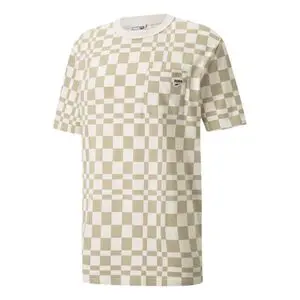 PUMA Contrasting Colors Sports Plaid Round Neck Short Sleeve - Khaki