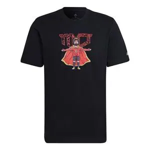 Adidas Cartoon Character Printing Round Neck Short Sleeve Black T-shirt - Multi-color