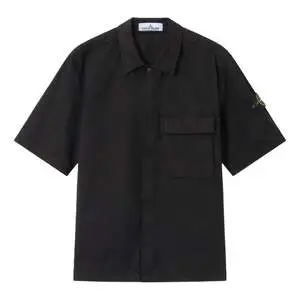 Stone Island Stretch Organic Cotton Twill Short Sleeve Shirt - Black