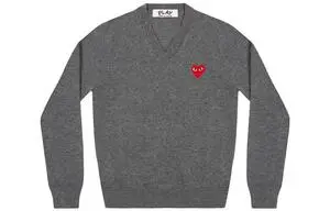 Play Comme Des Garcon V-neck Long Sleeve T-shirt With Red Emblem - Grey