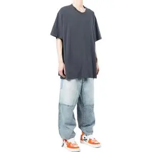 Off-White Stripe Printing Short Sleeve Loose Fit Navy Blue T-shirt - Multi-color