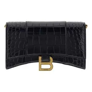 Balenciaga Hourglass Wallet On Chain Crocodile Embossed - Black