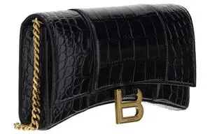 Balenciaga Hourglass Wallet On Chain Crocodile Embossed - Black
