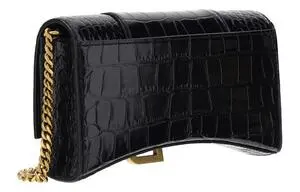 Balenciaga Hourglass Wallet On Chain Crocodile Embossed - Black