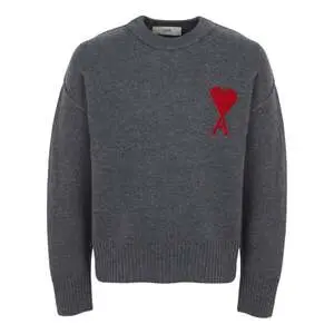 AMI Paris Grey Heart Logo Knitwear T-shirt - Gray/white