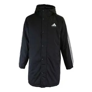 Adidas Long Down Jacket With Hood And Striped Sleeves - Black