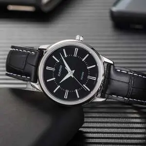 Casio Analog Quartz Watch With Leather Strap - Black