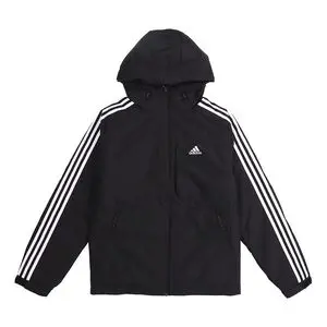 Adidas Hooded Down Jacket With Logo And Side Stripes - Black