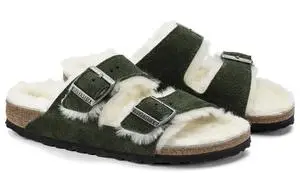 BIRKENSTOCK Arizona Suede Leather Shearling Lined Sandals - Green