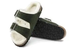 BIRKENSTOCK Arizona Suede Leather Shearling Lined Sandals - Green