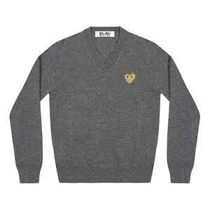 Play Comme Des Garcon V-neck Pullover With Gold Emblem - Grey