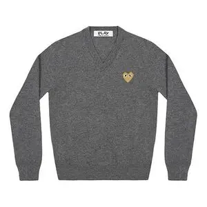 Play Comme Des Garcon V-neck Pullover With Gold Emblem - Grey