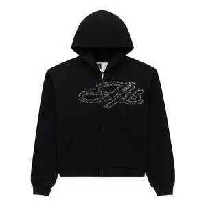 SP5DER Rhinestone Script Full Zip Hoodie - Black