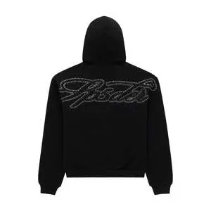 SP5DER Rhinestone Script Full Zip Hoodie - Black