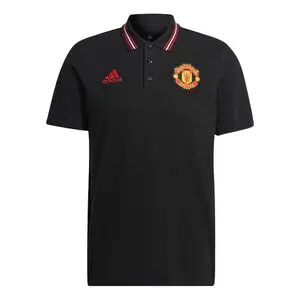 Adidas Manchester United Logo Embroidered Stripe Collar Short Sleeve Black Polo Shirt - Multi-color