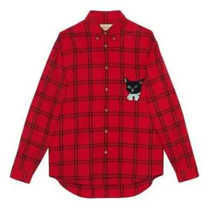 Gucci Check Wool Shirt With Cat Patch - Red