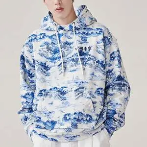 LI-NING Blue And White Porcelain Print Loose Pullover Hoodie