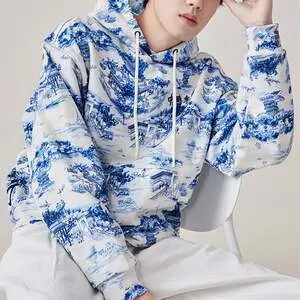 LI-NING Blue And White Porcelain Print Loose Pullover Hoodie