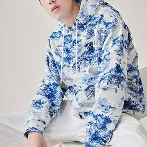 LI-NING Blue And White Porcelain Print Loose Pullover Hoodie