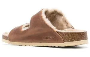 BIRKENSTOCK Arizona Big Buckle Shearling Oiled Leather Slides - Brown