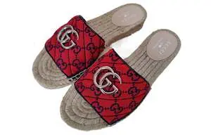 Gucci Gg Matelass Canvas Espadrille Slide Sandals - Red/ebony