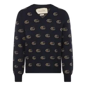 Gucci Double G Jacquard Wool V-neck Sweater - Navy