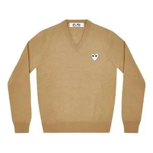 Play Comme Des Garcon V-neck Pullover With White Emblem - Beige