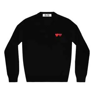 Play Comme Des Garcon V-neck Pullover With Double Emblem - Black