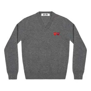 Play Comme Des Garcon V-neck Pullover With Double Emblem - Grey