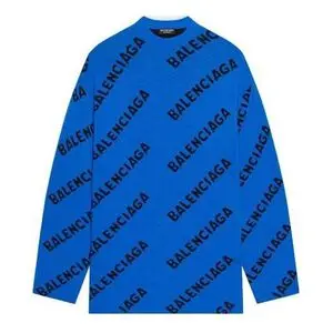 Balenciaga All Over Logo Crewneck Wool Knit Sweater - Blue