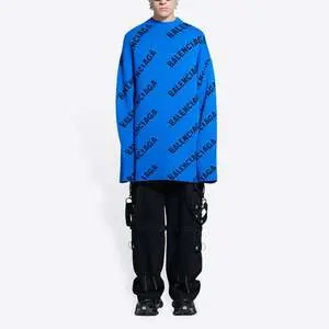 Balenciaga All Over Logo Crewneck Wool Knit Sweater - Blue