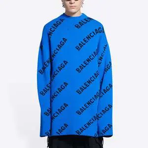 Balenciaga All Over Logo Crewneck Wool Knit Sweater - Blue