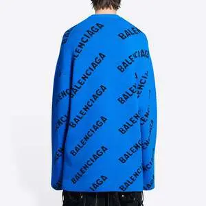 Balenciaga All Over Logo Crewneck Wool Knit Sweater - Blue