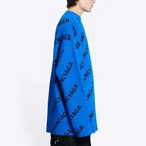 Balenciaga All Over Logo Crewneck Wool Knit Sweater - Blue