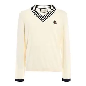 Gucci V-neck Wool Knit With Bee Applique - White/black