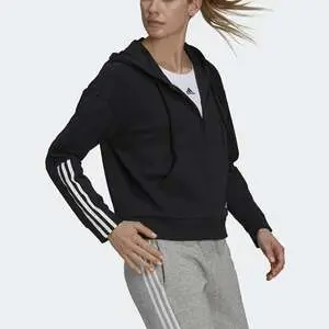Adidas Essentials Loose-cut 3-stripes Full-zip Hoodie - Black