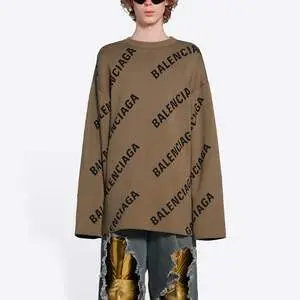 Balenciaga All Over Logo Crewneck Wool Knit Sweater - Light Brown