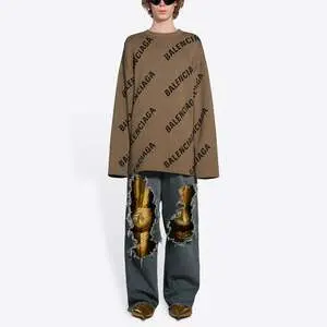 Balenciaga All Over Logo Crewneck Wool Knit Sweater - Light Brown