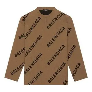 Balenciaga All Over Logo Crewneck Wool Knit Sweater - Light Brown